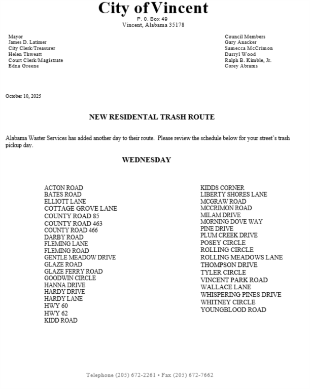 Vincent, AL - Official City Website